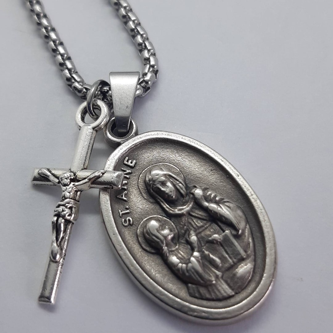 St Anne Necklace. Stainless Steel Box Chain With Saint Medal and ...