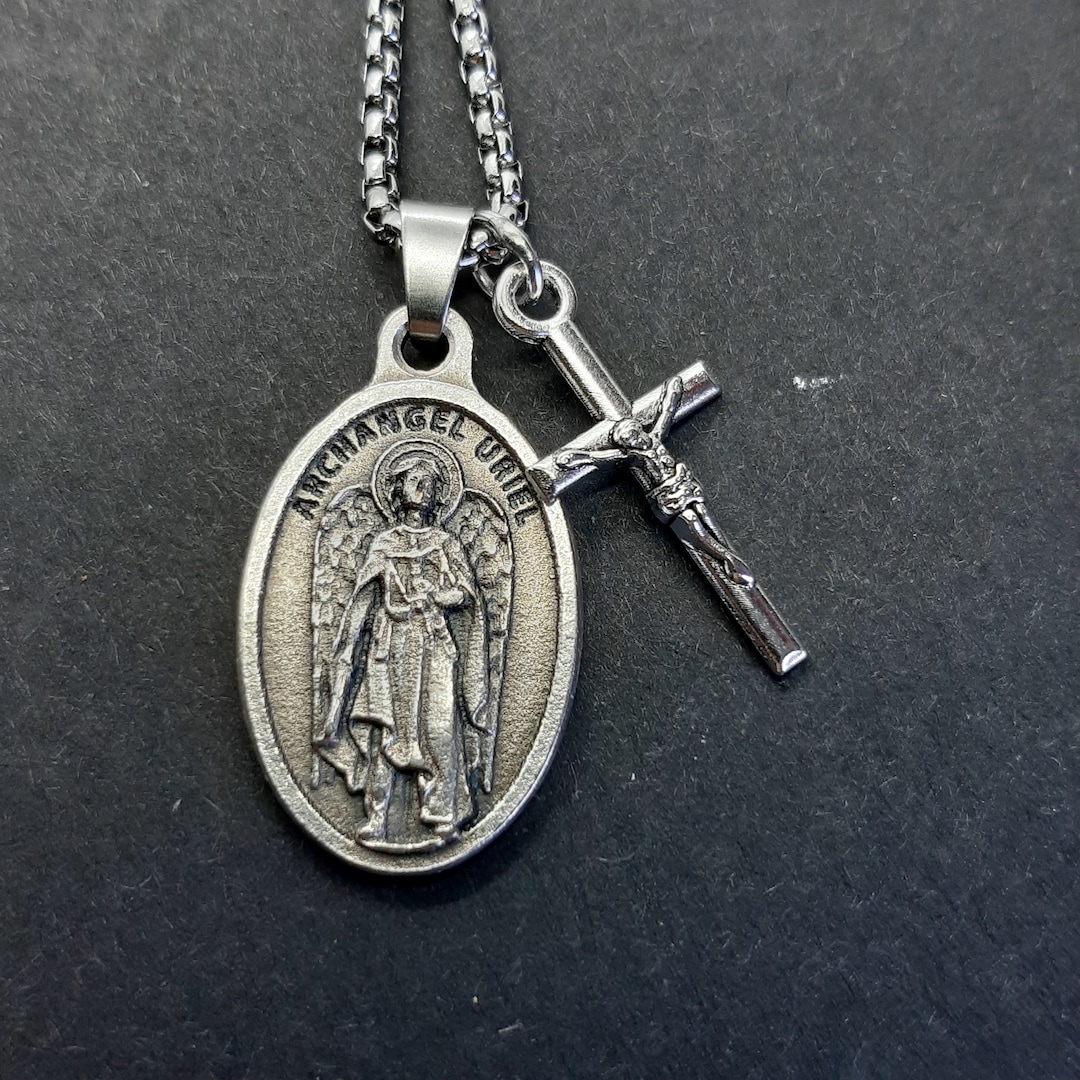 Archangel Uriel Necklace. Medal and Crucifix on Stainless Steel Chain ...