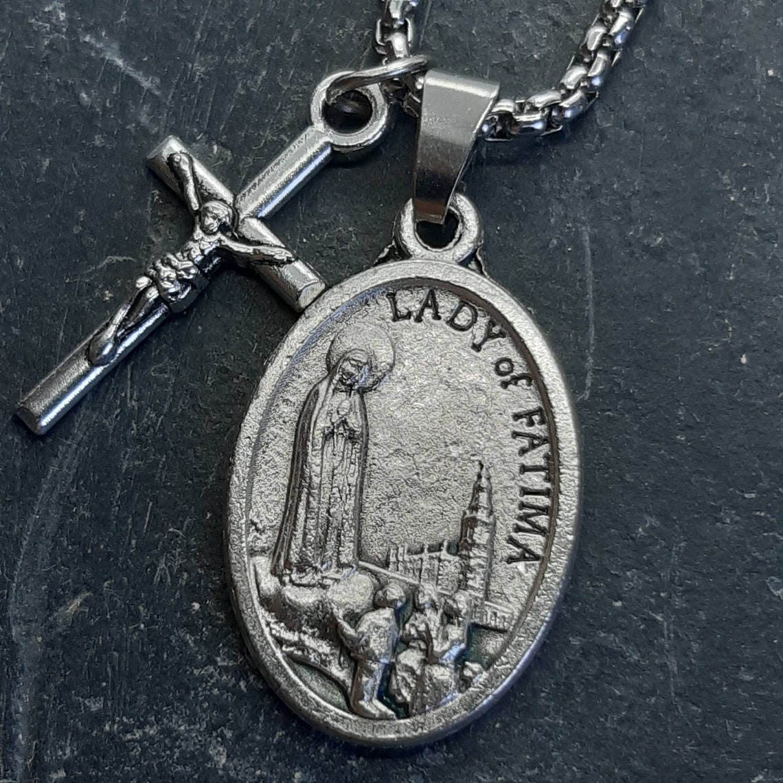 Our Lady of Fatima Necklace. Stainless Steel Box Chain With - Etsy
