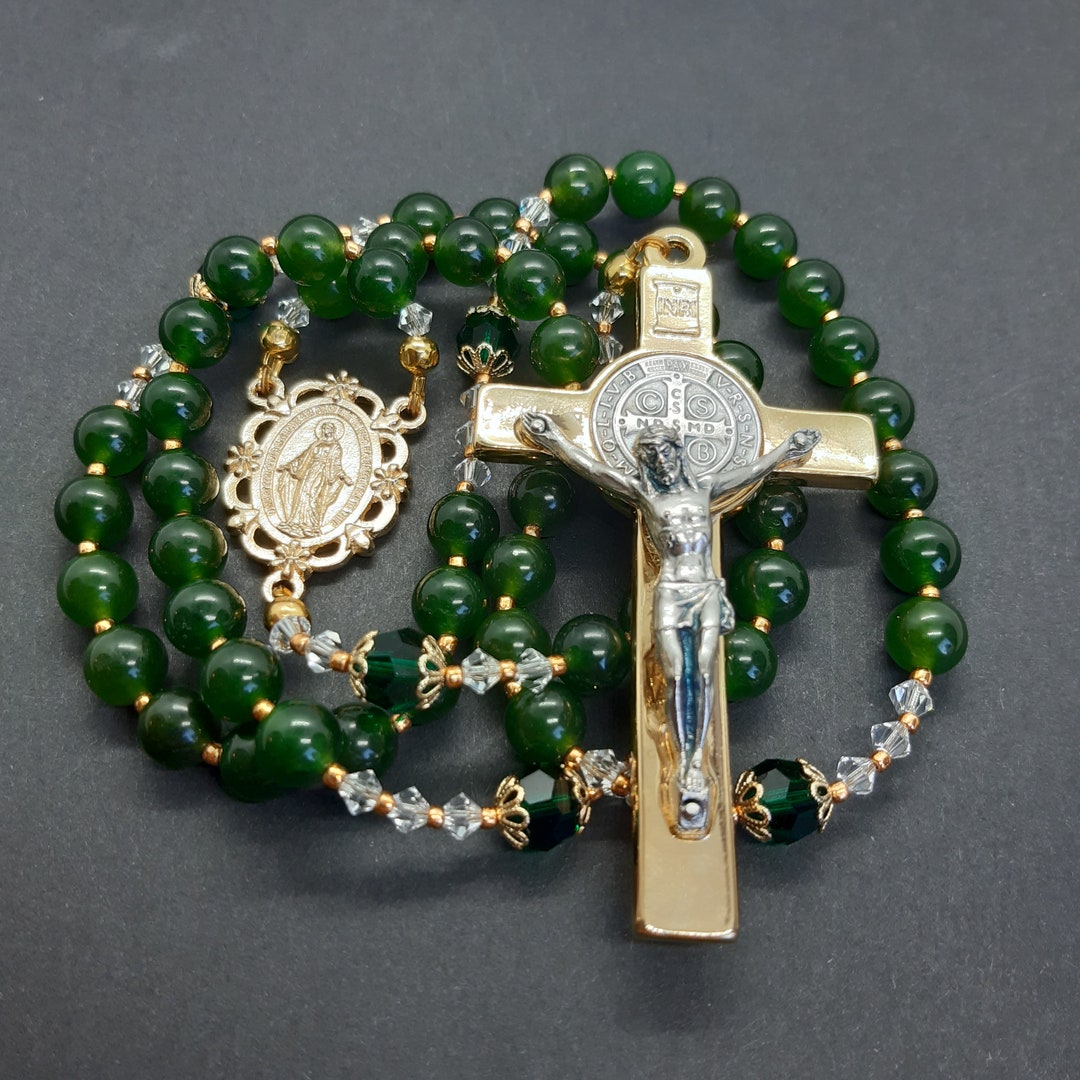 Handmade Jade Rosary Beads Gold Toned Miraculous Medal and Large St ...
