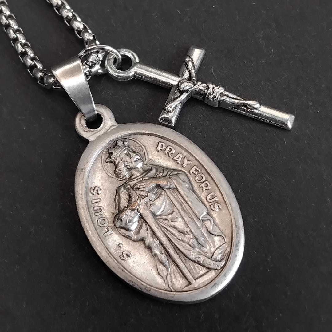 St Louis Necklace. Stainless Steel Box Chain With Saint Medal and ...