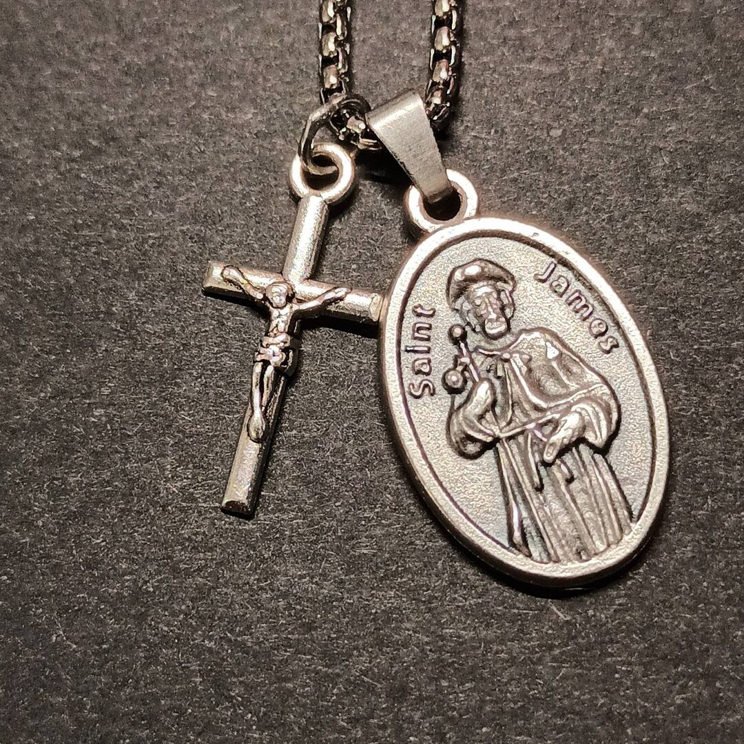 St James Necklace. Saint Medal and Crucifix on Stainless Steel Chain ...