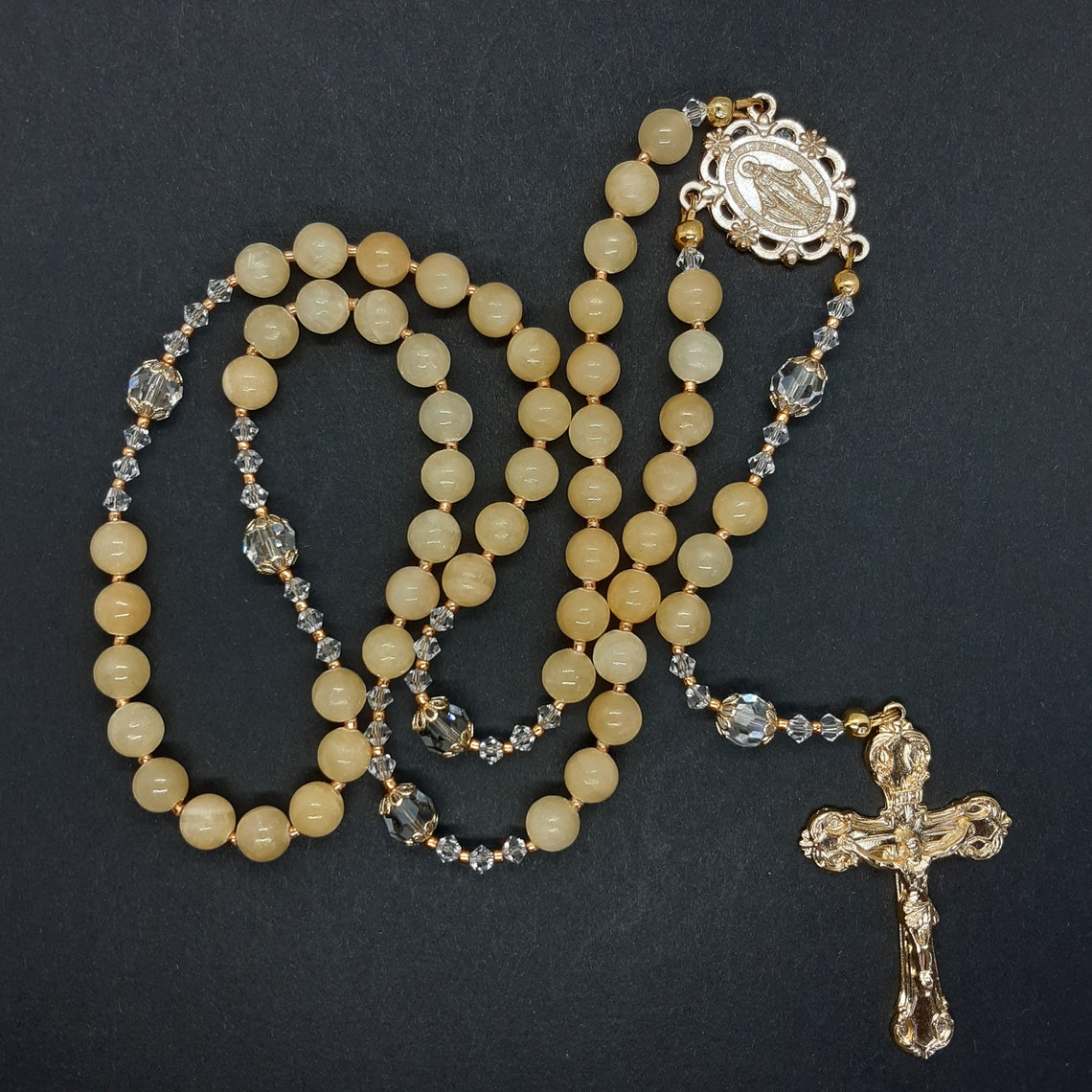 Handmade Natural Honey Jade Yellow Rosary With Italian Gold Toned ...