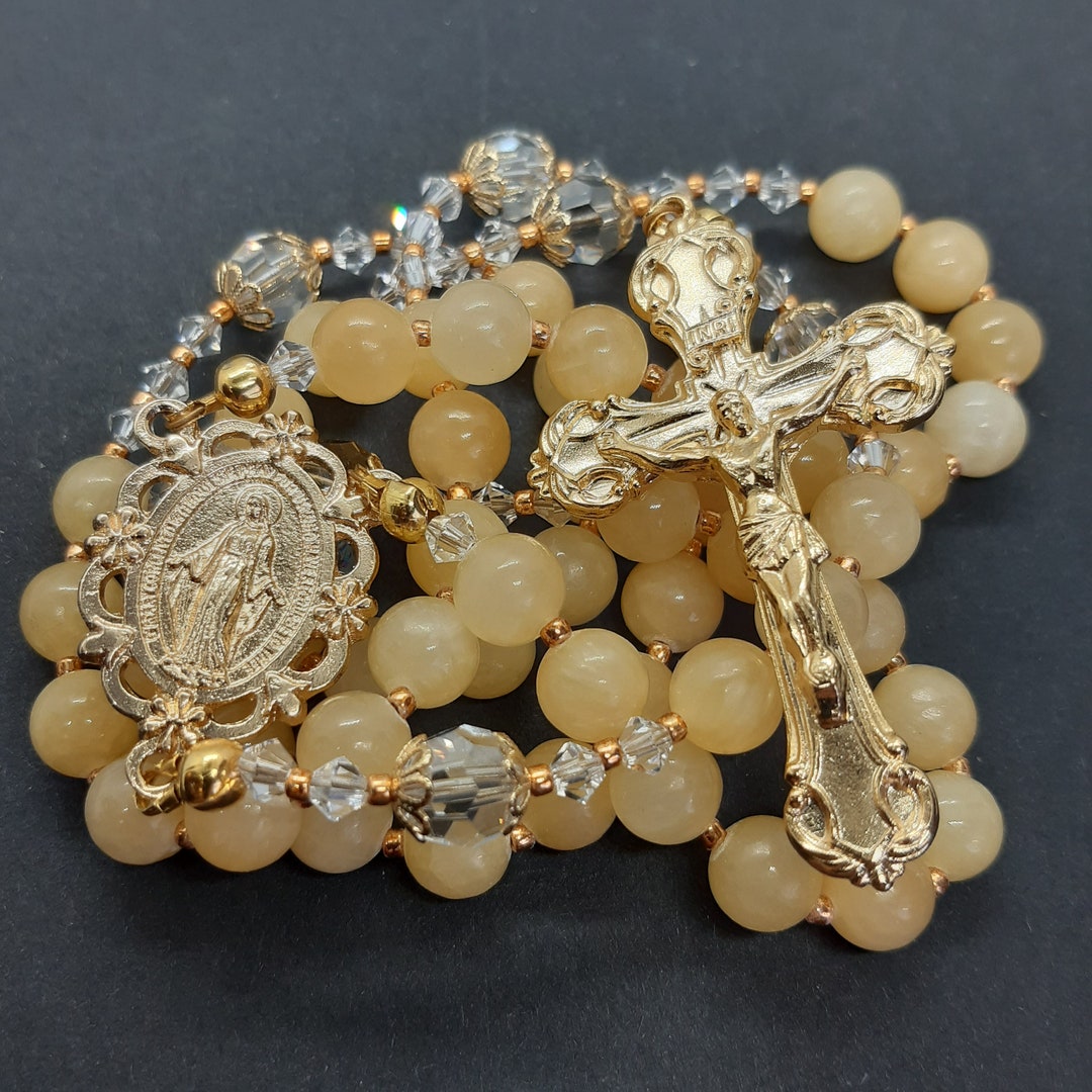 Handmade Natural Honey Jade Yellow Rosary With Italian Gold Toned ...