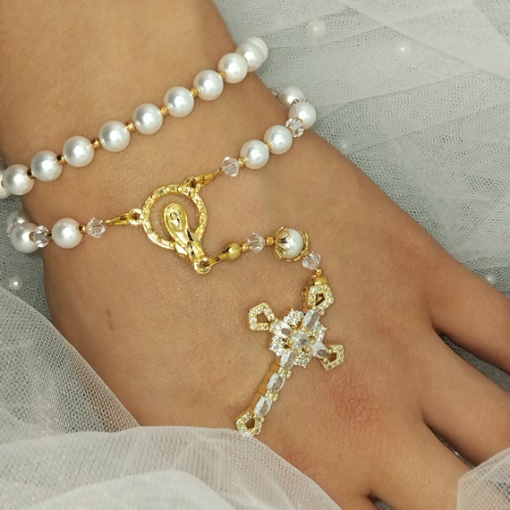 Wedding Rosary Bracelet Shell Pearl and Crystal Madonna and Embellished Cross. Etsy