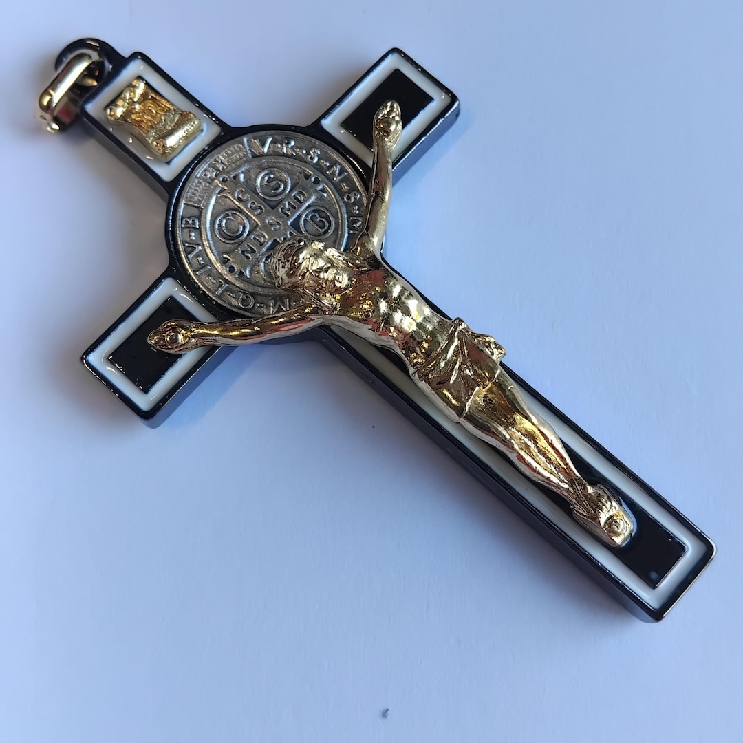 Large St Benedict Crucifix: Gold Corpus, White Enamel, Made in Italy - Etsy