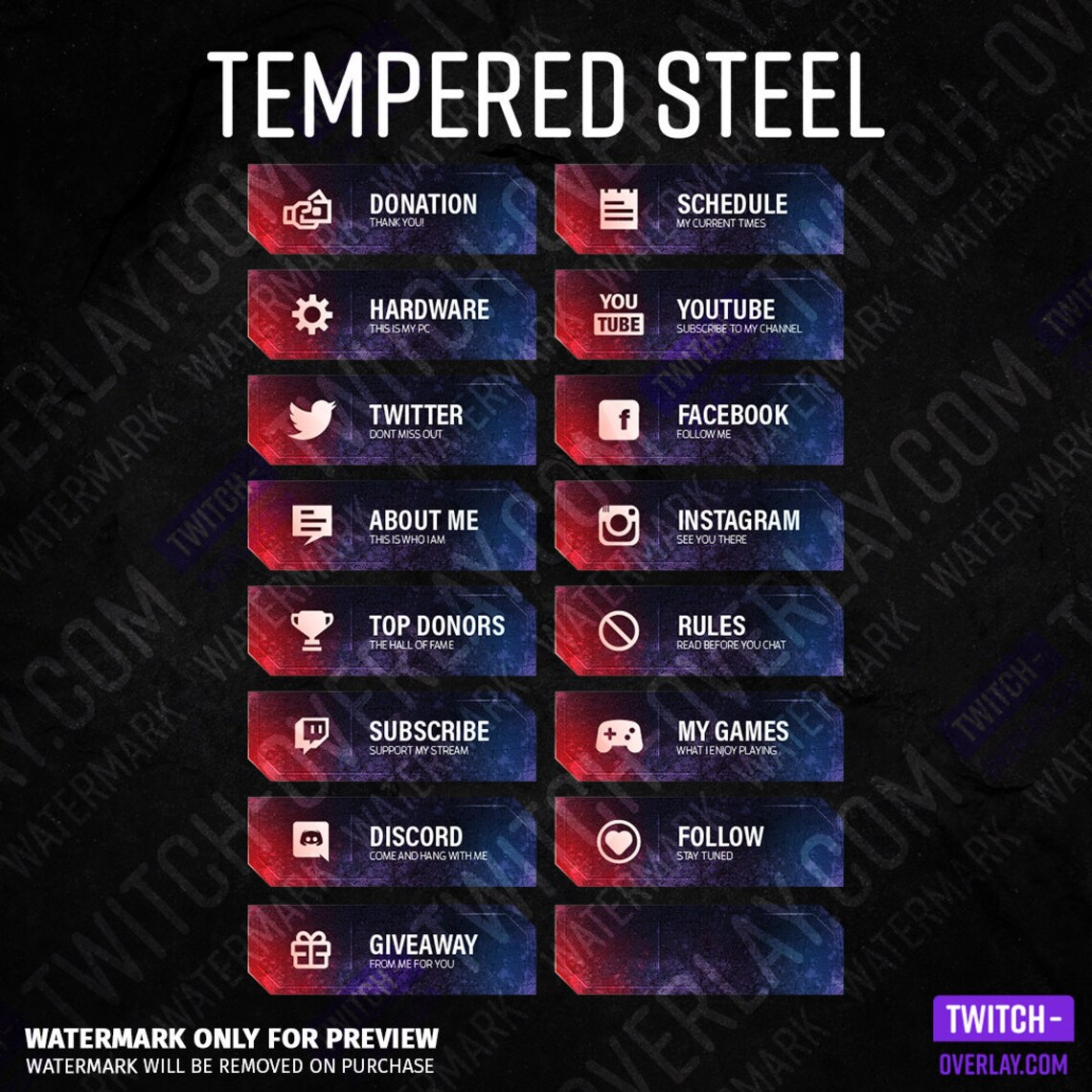 Twitch Panels | "tempered Steel Red" Stream Panels - Etsy