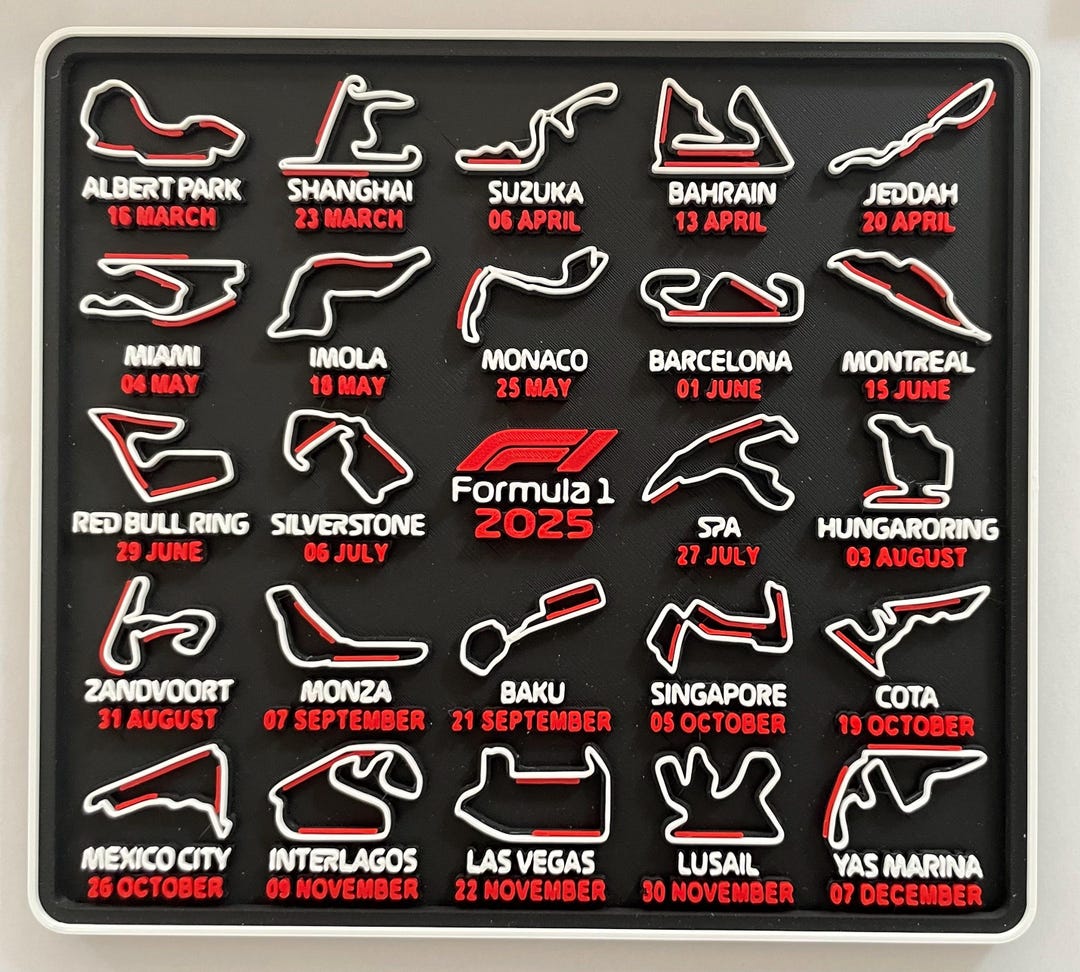 F1 2025 3D Printed Race Calendar With Tracks and Dates! - Etsy