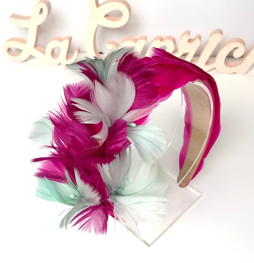 Headband Headdress With Fuchsia and Mint Feathers Coiffe Bandeau Serre ...