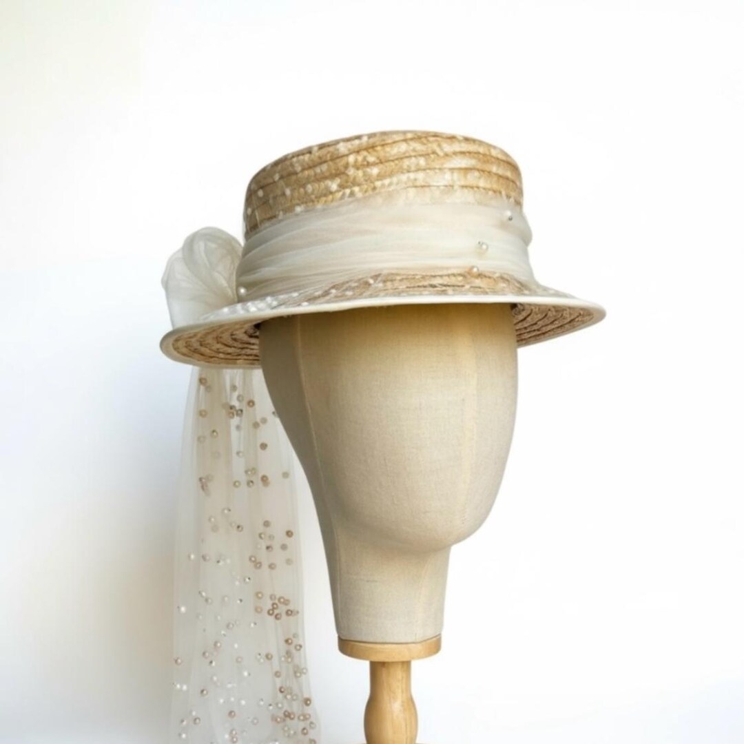 Ivory Tulle Canotier - IVORY VEIL HAT - Chapeau Canotier Mariée Ivoire ...
