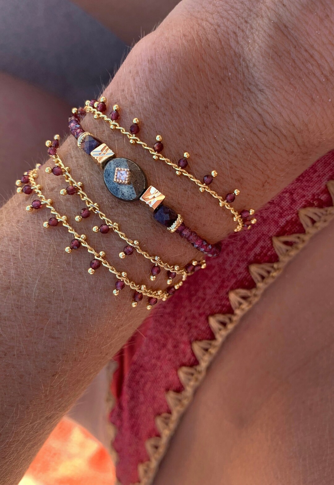 JAYA / Garnet and Pyrite Bracelet Boho Chic Gift Jewelry Surfing Heishi ...