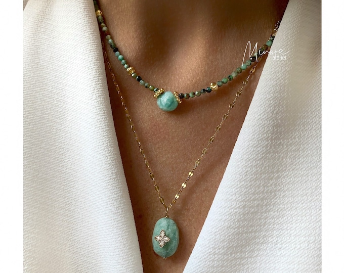 ZOE/ Collier ras du cou en turquoise africaine et amazonite - Etsy France