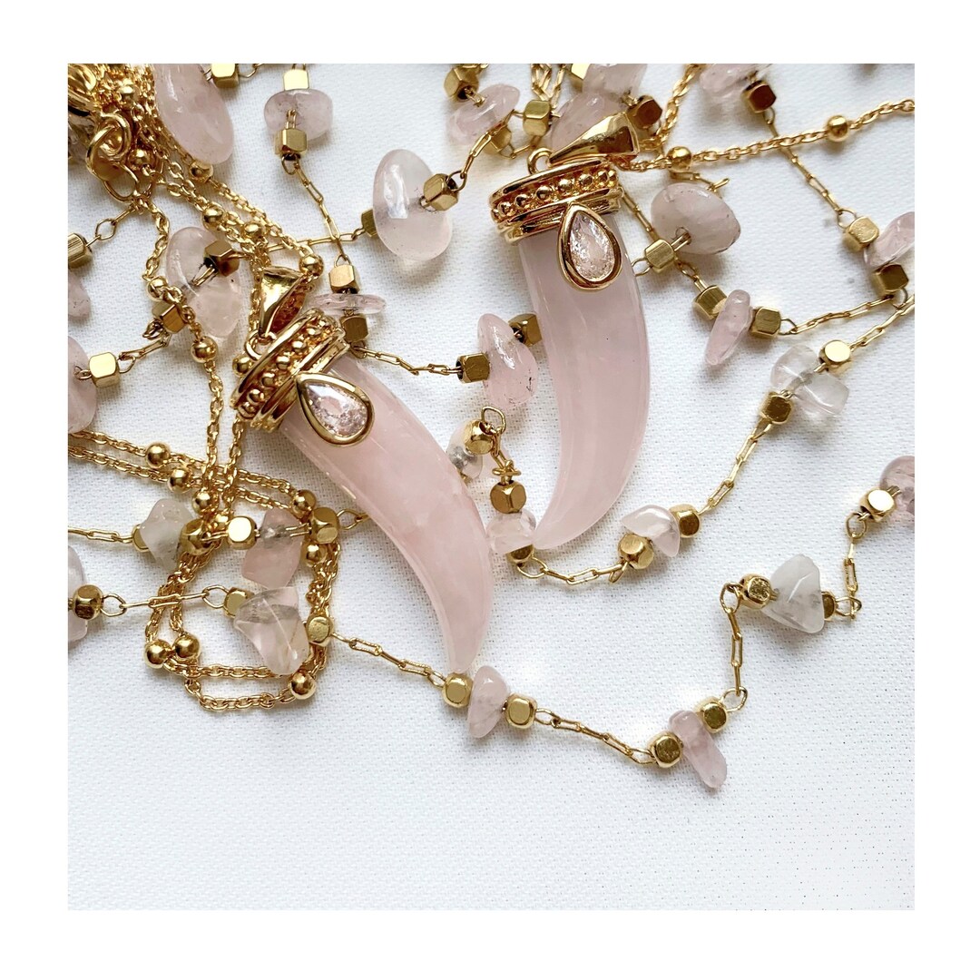 OUMA / Gold Plated Necklace and Horn in Rose Quartz Boho Chic Woman ...