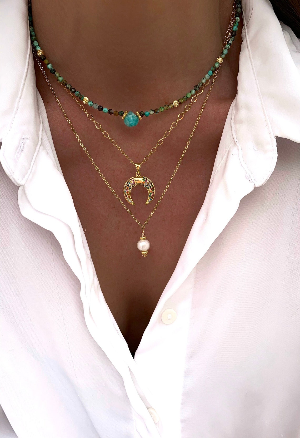 ZOE/ Collier ras du cou en turquoise africaine et amazonite - Bohème ...
