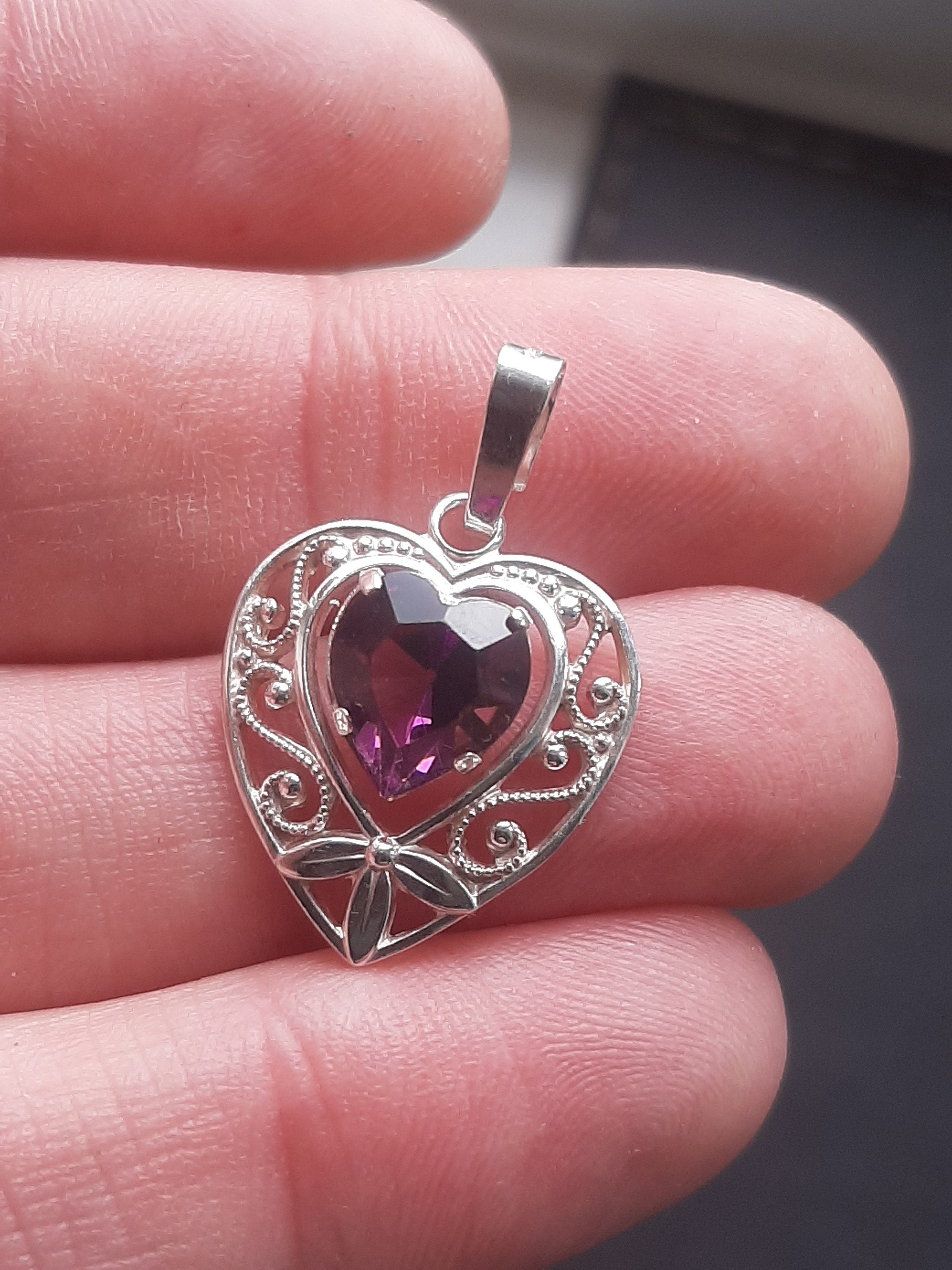 A Vintage Silver Purple Glass Heart Pendant - Etsy