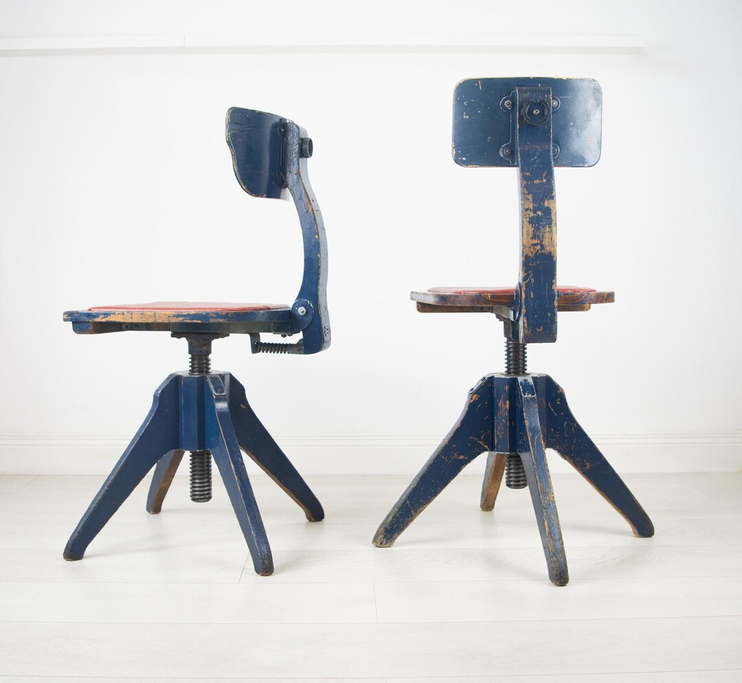 Blue Vintage Chair, Adjustable Stool, Wooden Vintage Bar Stool ...