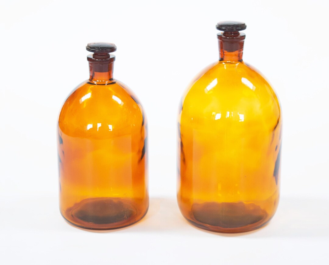Pair of Large Vintage Amber Brown Glass Apothecary Bottles Jars With ...