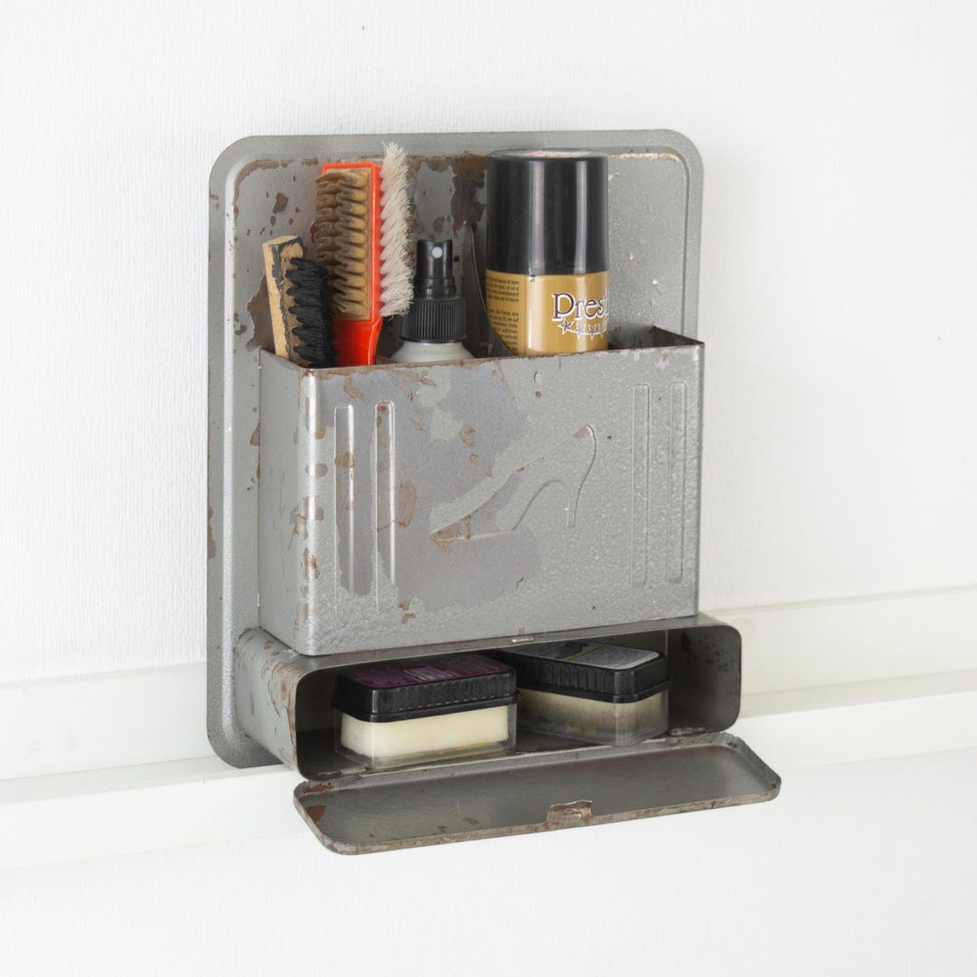 Vintage Shoe Polish Storage. Grey Metal Shoe Accessories Box. Wall ...