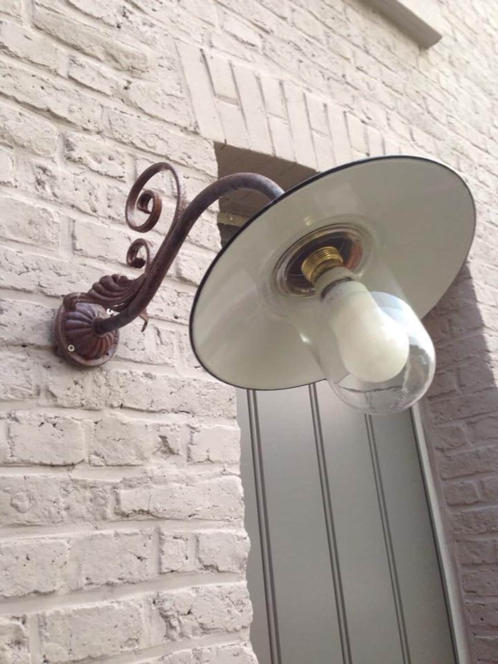 French Barn Lamp With Enamel Shade and Wrought Iron Decoration. - Etsy