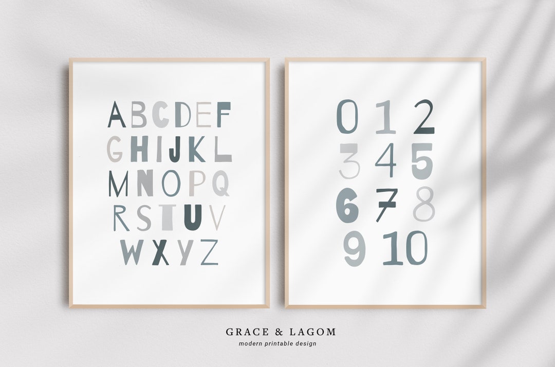 Alphabet and Numbers Poster Educational Print Download Cool Tones Blue ...