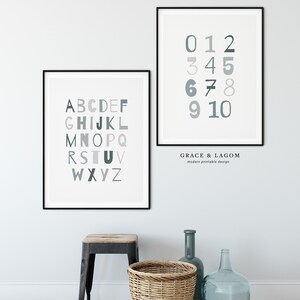 Alphabet and Numbers Poster Educational Print Download Cool Tones Blue ...