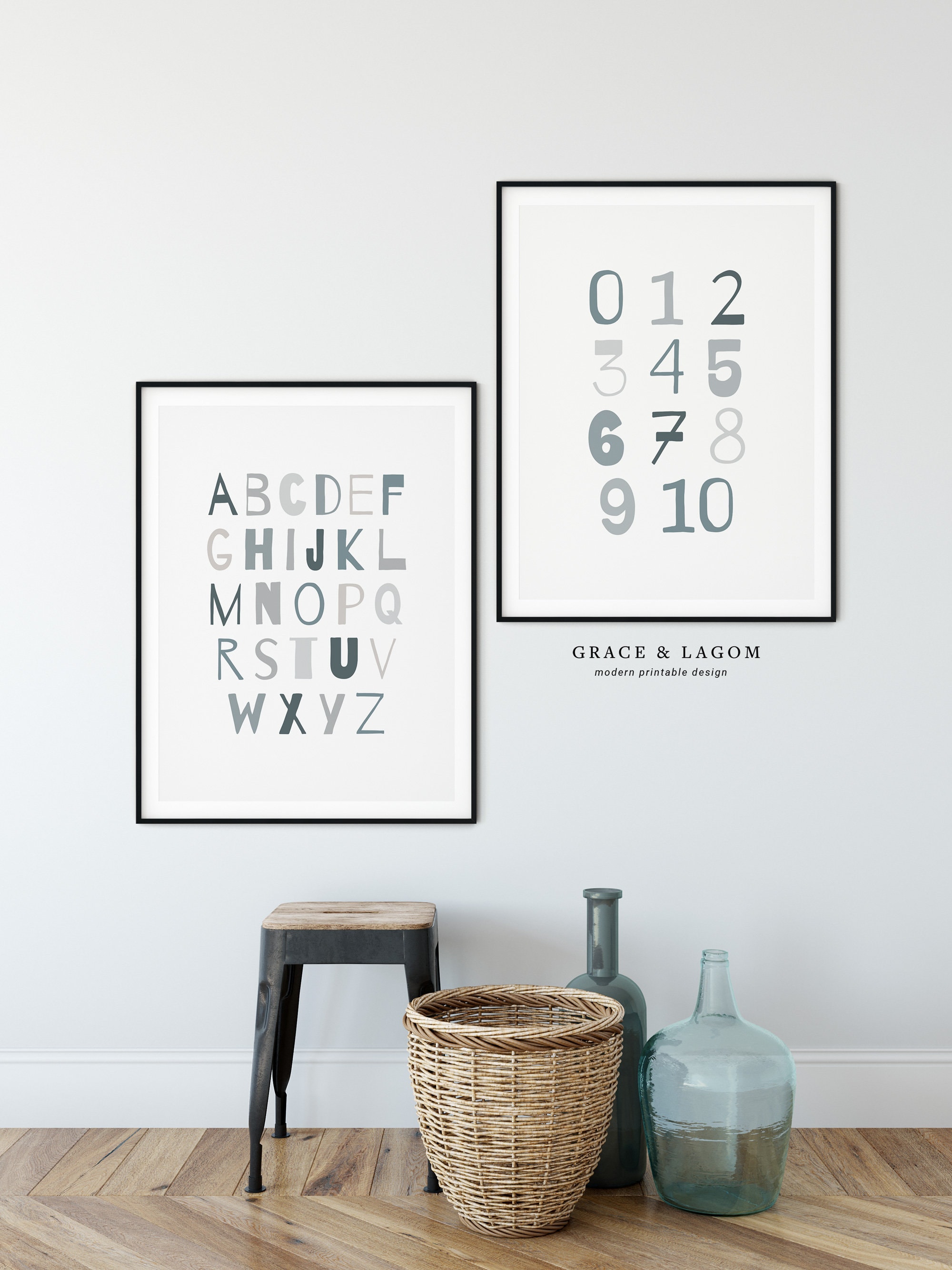 Alphabet and Numbers Poster Educational Print Download Cool Tones Blue ...