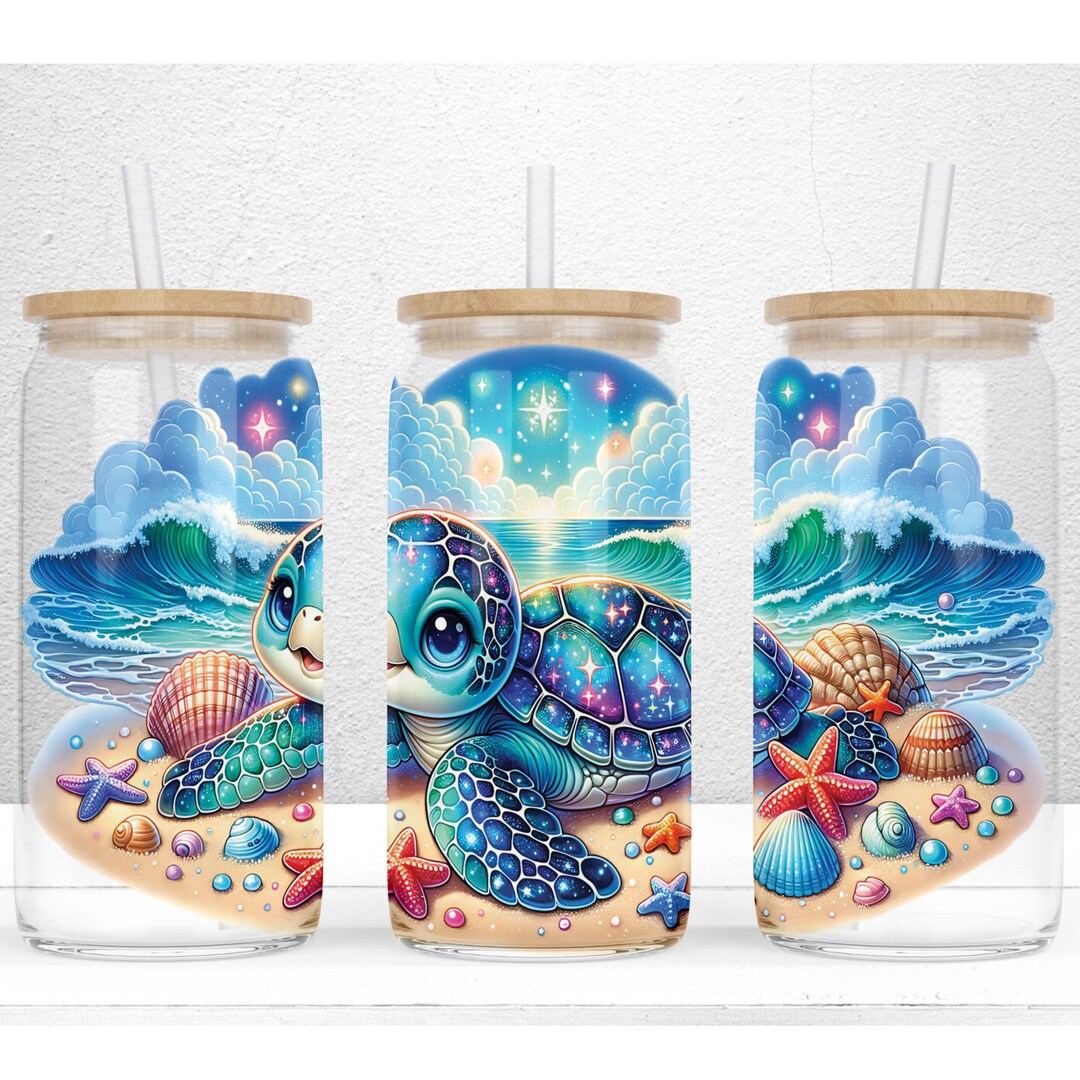 Cute Sea Turtle 16oz Libbey Glass Wrap, 16oz Tumbler, Summer Glass Can ...