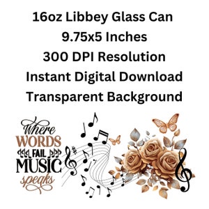 Where Words Fail Music Speaks 16oz Libbey Glass Can Sublimation Design, Music Tumbler Wrap ...