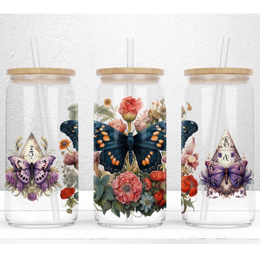 Moth With Flowers 16 Oz Libbey Glass Can Tumbler Design, Glass Can Wrap ...