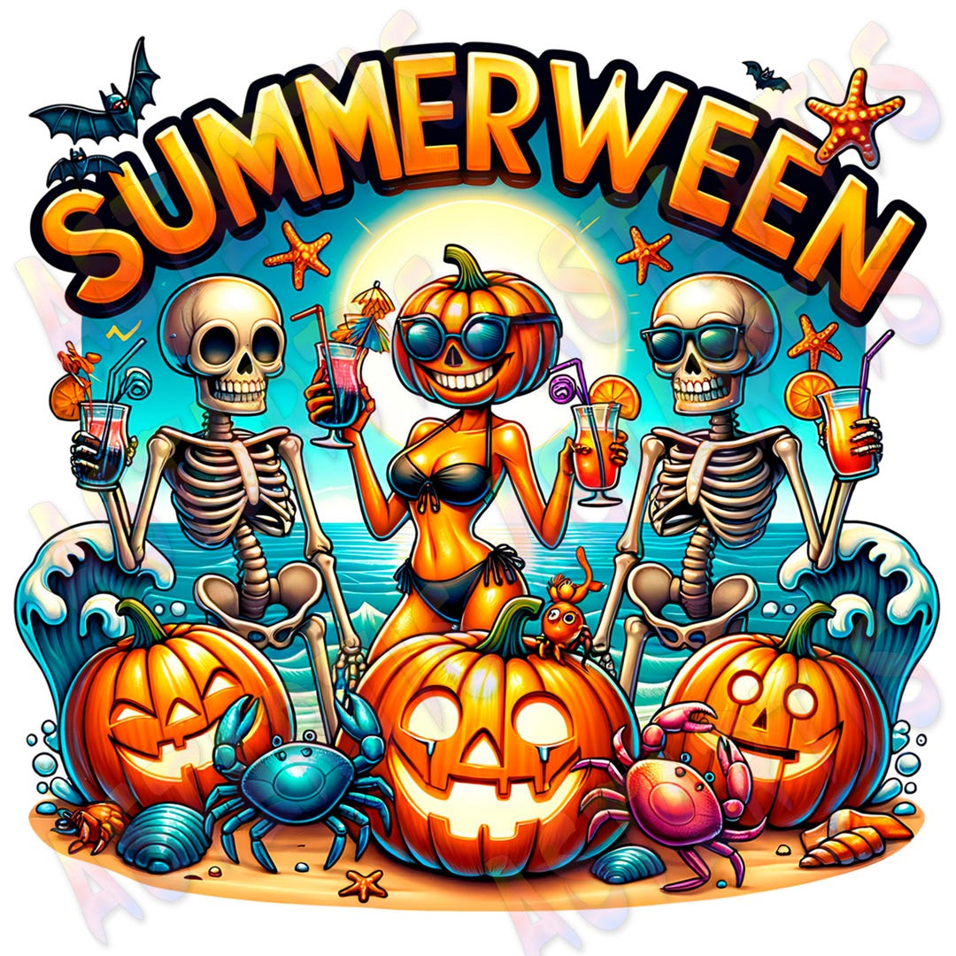 Summerween PNG, Halloween Beach Clipart, Skeletons Pumpkins PNG, Funny ...