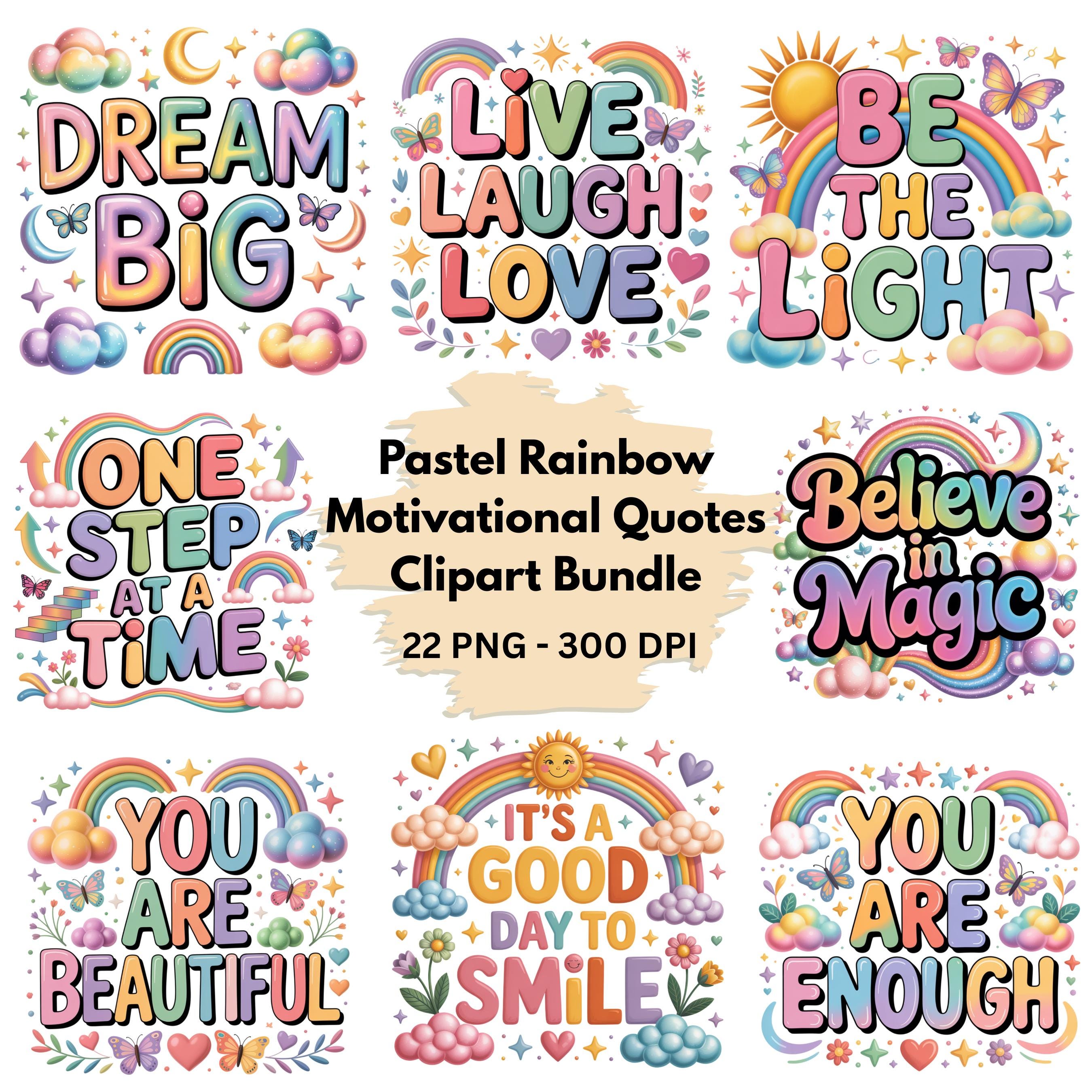 22 Pastel Rainbow Motivational Quotes Clipart Bundle, Positive ...