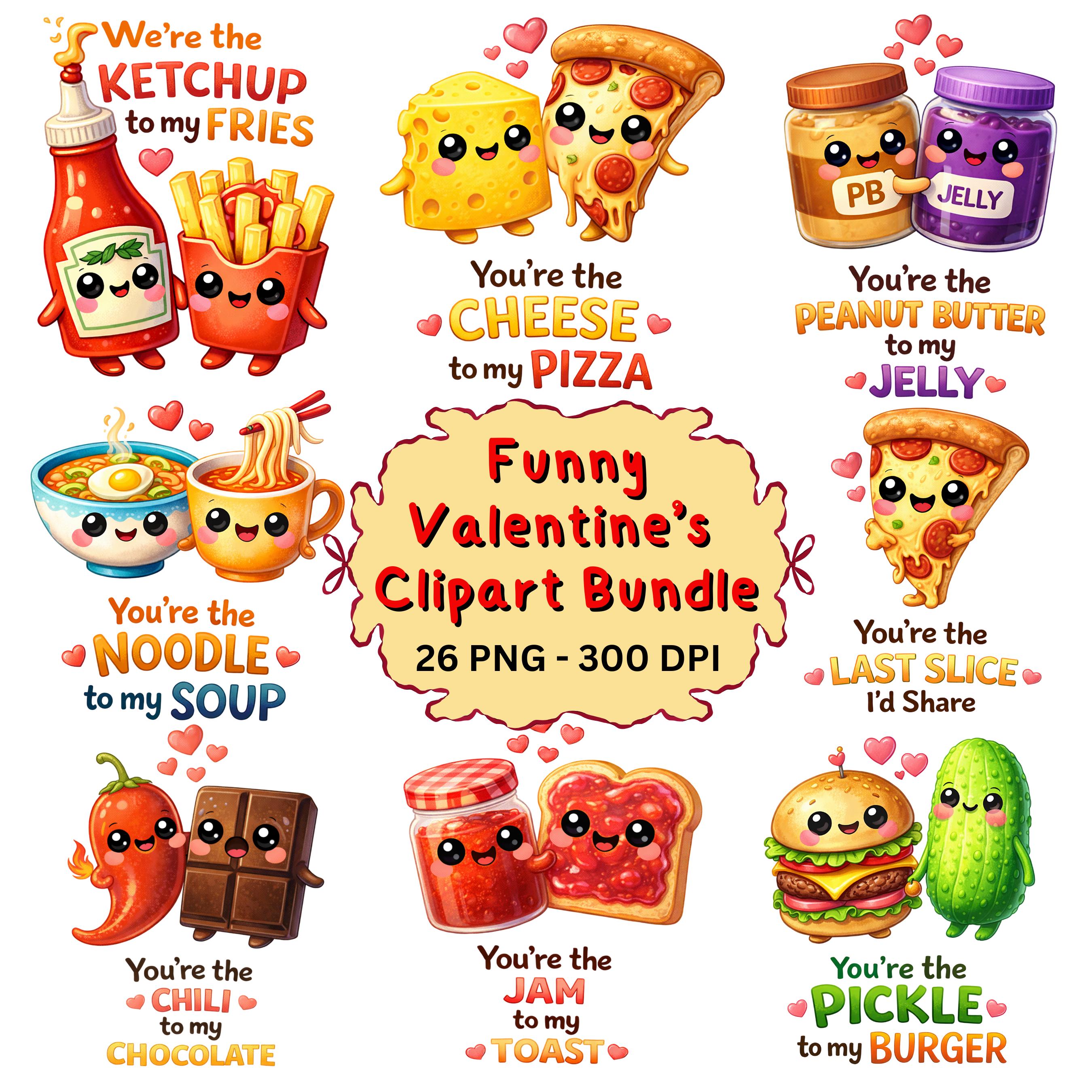 26 Funny Food Pun Valentine PNG Bundle, Cute Kawaii Food Puns Clipart ...