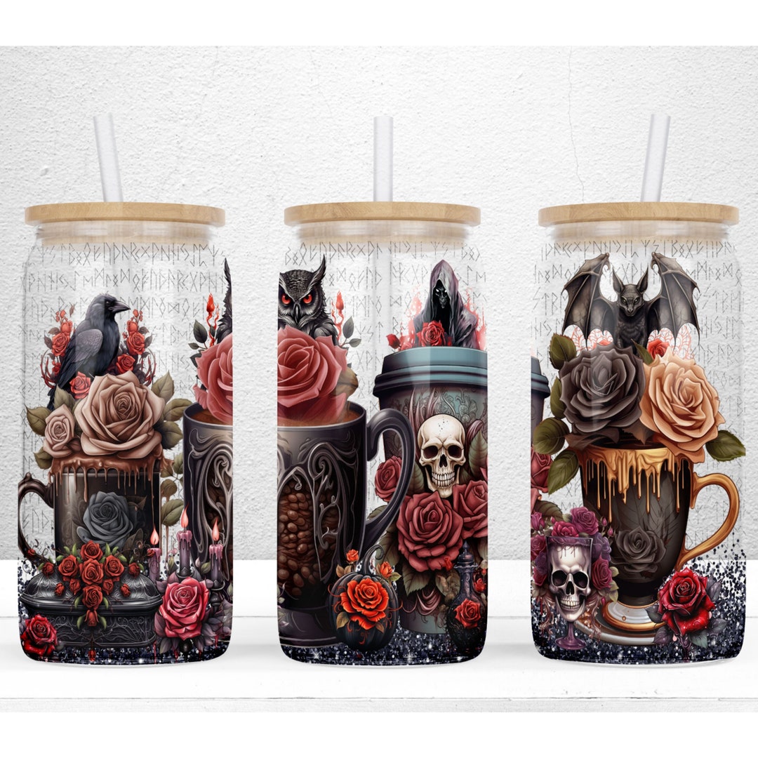 Gothic Coffee 16oz Libbey Glass Can Sublimation Design, Roses Dark ...