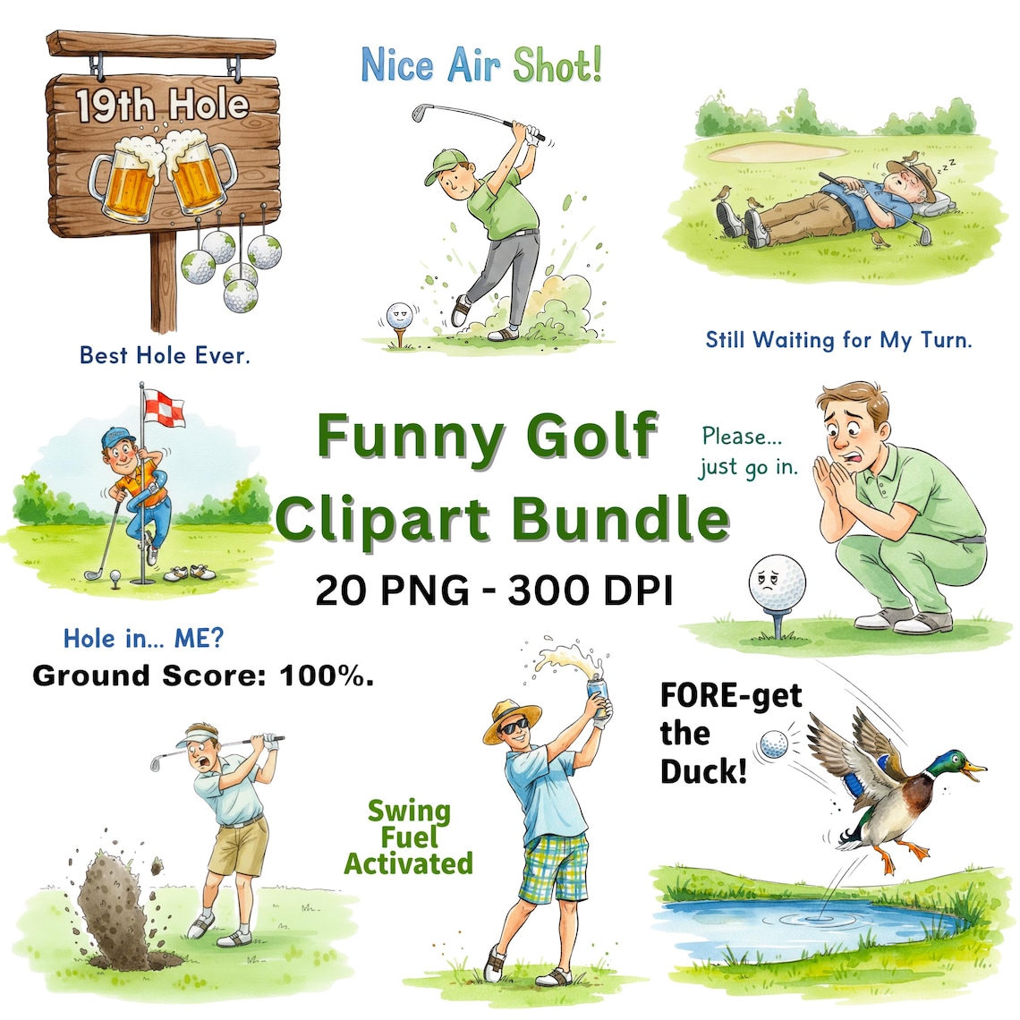 Funny Golf Watercolor Clipart PNG Bundle, Hilarious Golf Quotes ...