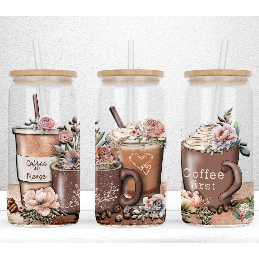Fall Coffee and Flowers 16oz Libbey Glass Can Tumbler Sublimation ...