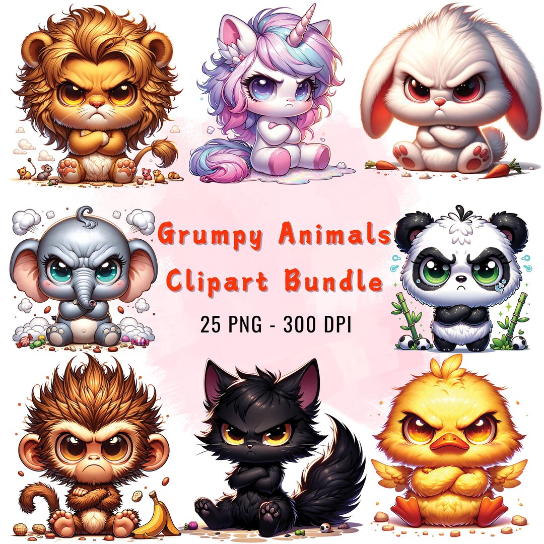 Watercolor Funny Grumpy Animals Clipart Bundle, 25 PNG Funny Grumpy ...