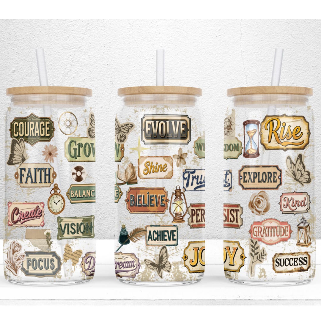 Vintage Motivation Words 16oz Libbey Glass Can Sublimation Design ...