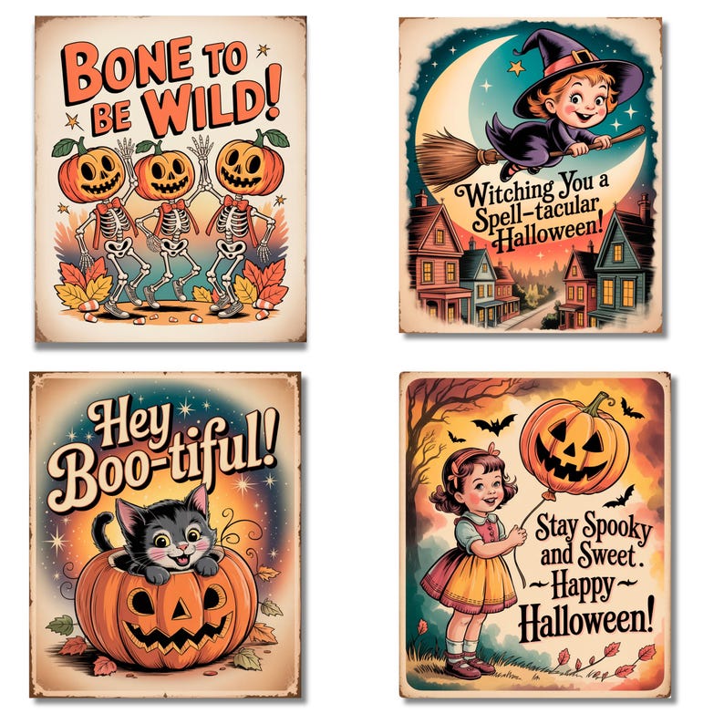 21 Vintage Halloween Postcards PNG Bundle, Retro Funny Spooky Clipart ...