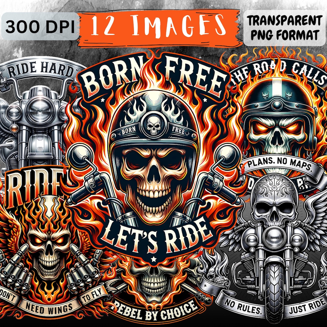 12 Motorbike Skull PNG Bundle Sublimation Design, Rider Skull PNG ...