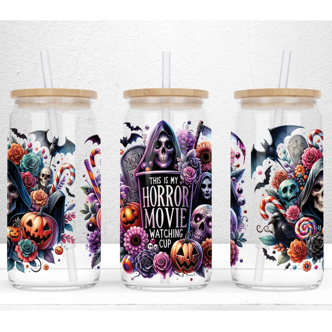 Horror Movies Watching Cup 16oz Libbey Glass Can Sublimation Design ...