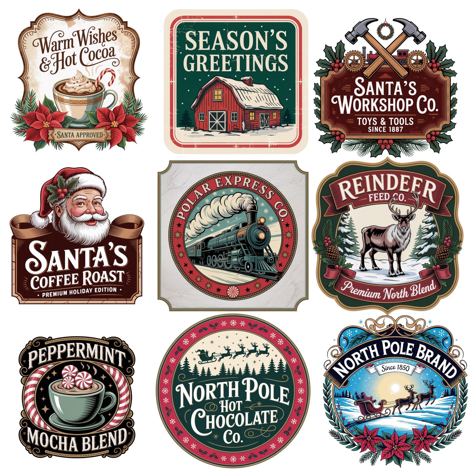26 Vintage Christmas Label PNG Bundle, Retro Chistmas Label, Vintage ...