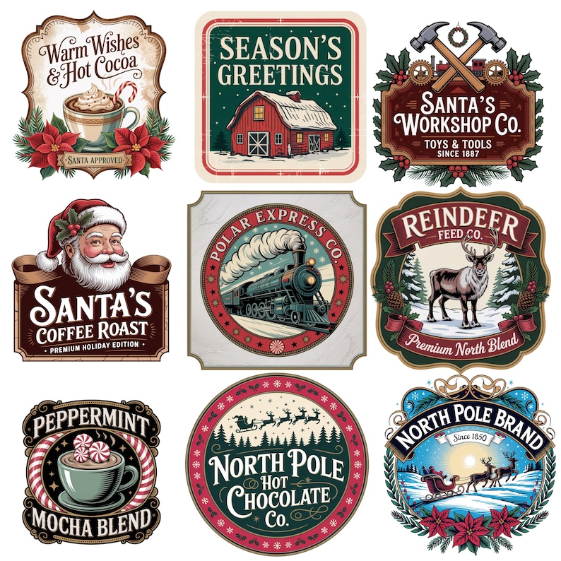26 Vintage Christmas Label PNG Bundle, Retro Chistmas Label, Vintage ...
