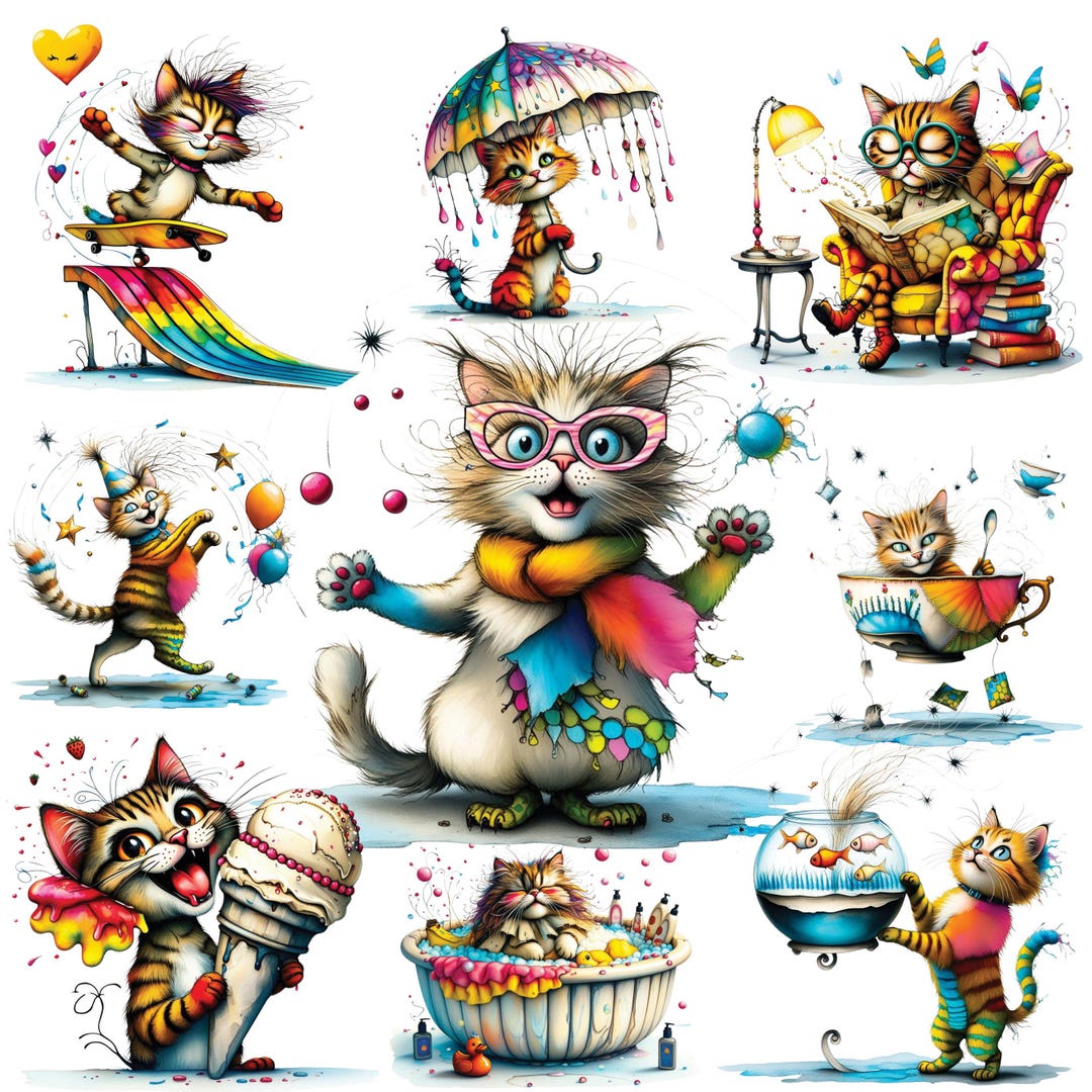 14 Funny Quirky Cat Clipart Bundle PNG, Whimsical Kitten Sublimation ...