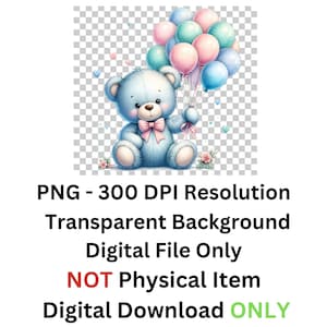 Watercolor Teddy Bear Clipart With Balloons, Digital PNG for Baby ...