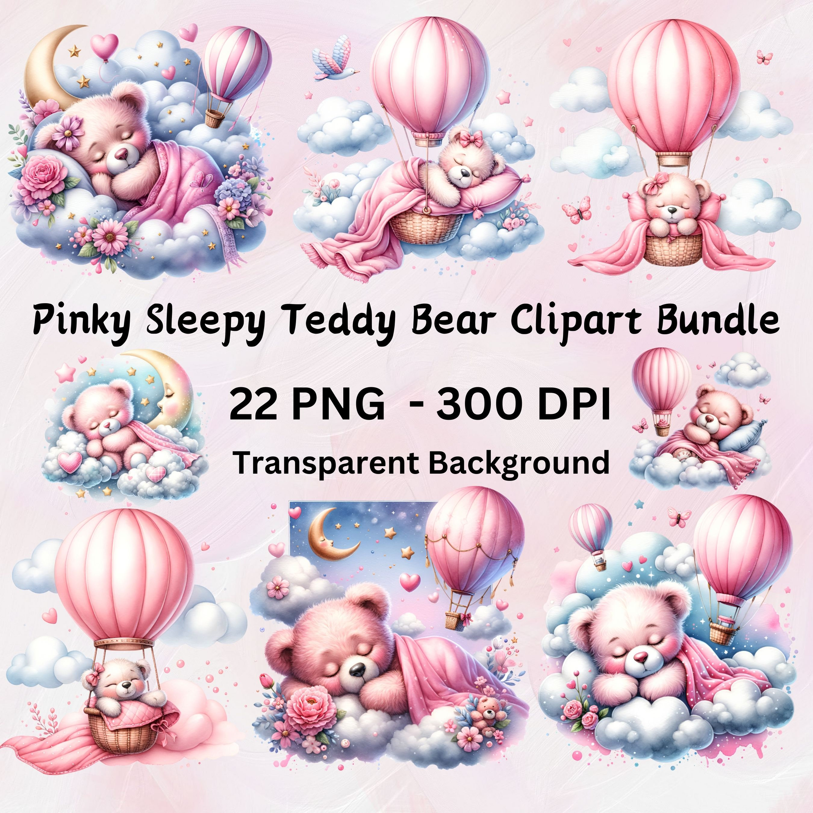 Watercolor Pink Sleepy Teddy Bear Clipart, 22 PNG Cute Baby Bear ...
