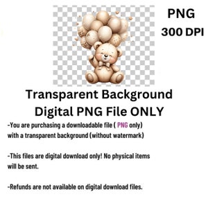 Watercolor Teddy Bear Clipart With Balloons, Digital PNG for Baby ...