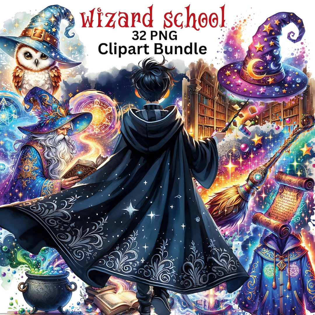 32 Watercolor Wizard School Clipart PNG Bundle, Wizard Bundle, Wizard ...