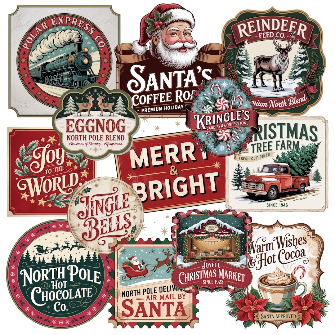26 Vintage Christmas Label PNG Bundle, Retro Chistmas Label, Vintage ...