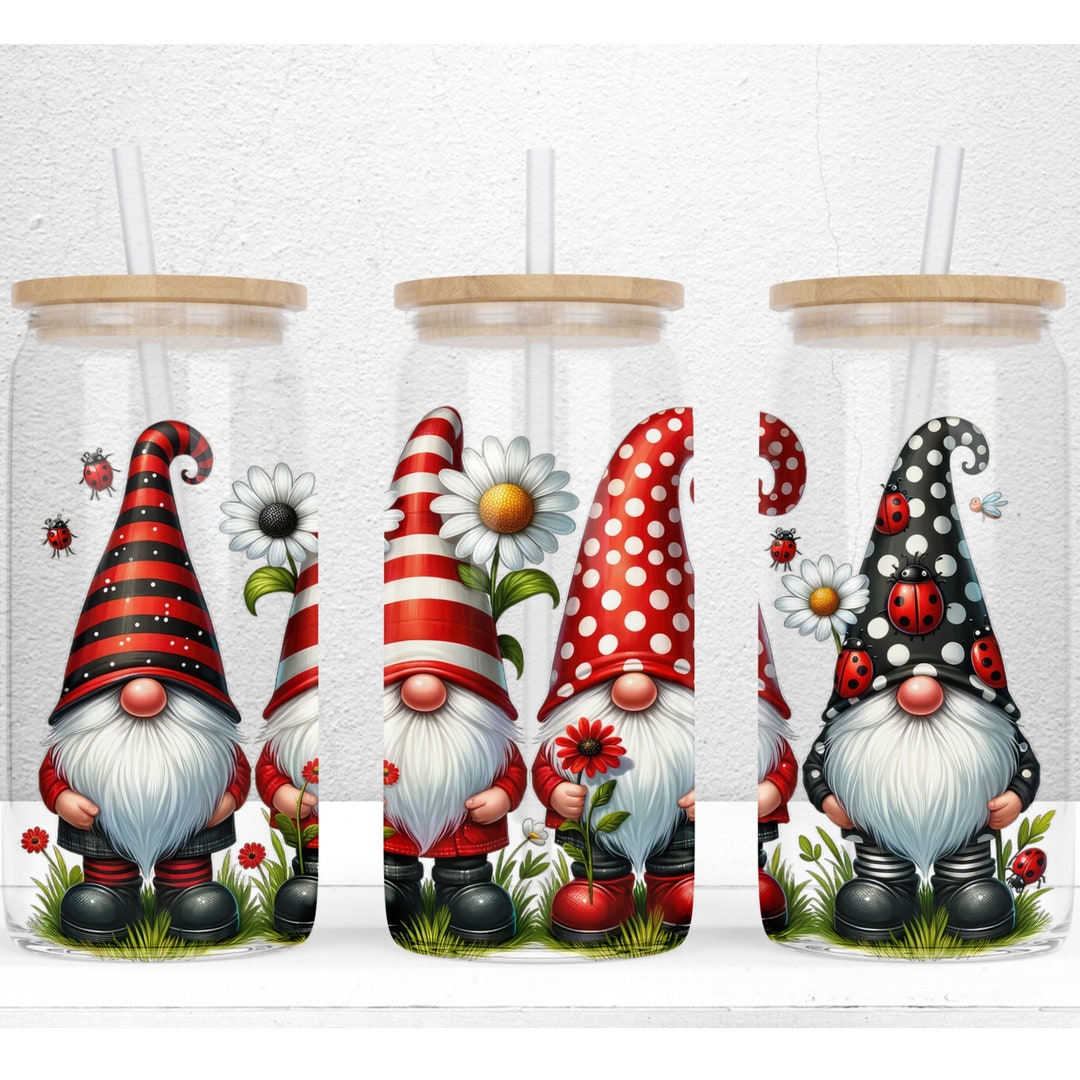 Lady Bug Gnomes 16oz Libbey Glass Can Sublimation Design, Gnomes Tumbler Wrap, Lady Bug Gnomes ...