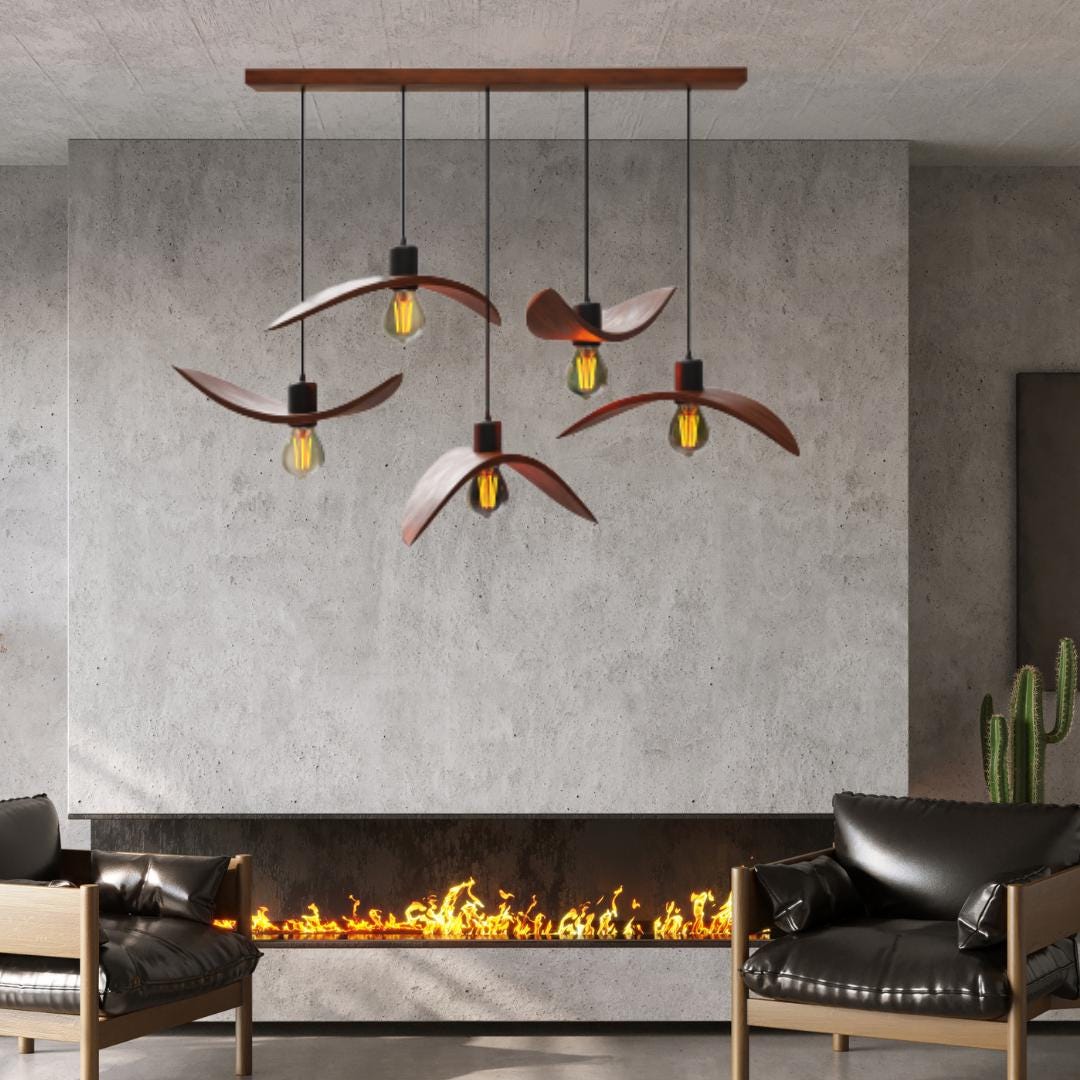 Minimal Ceiling Lamp, Wooden Pedant Wings, Brown Wing Light Fixture ...